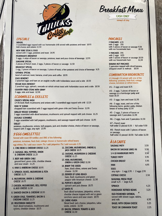 The menu at Chuck's reads like a love letter to breakfast, with nineteen different omelets competing for your affection.