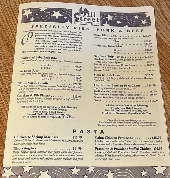 This menu isn't just a list of options&mdash;it's a roadmap to happiness. The prime rib section alone could make a vegetarian reconsider their life choices.