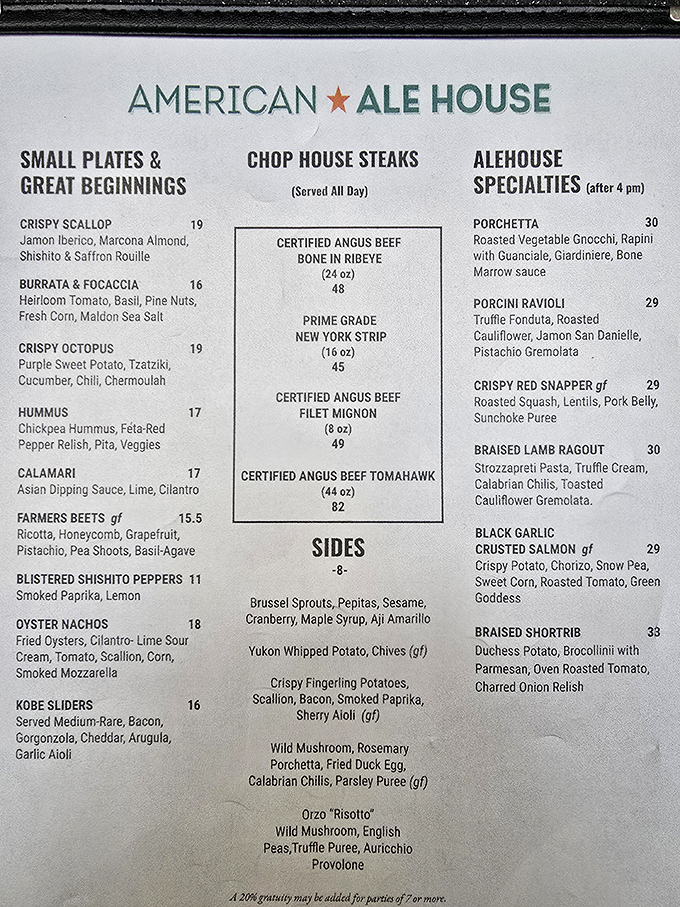 From crispy scallop to tomahawk steaks, this menu reads like a love letter to American dining.