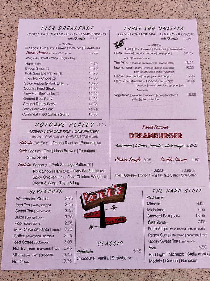 The menu reads like a love letter to American comfort food. That "1958 Breakfast" isn't just a meal&mdash;it's time travel on a plate.