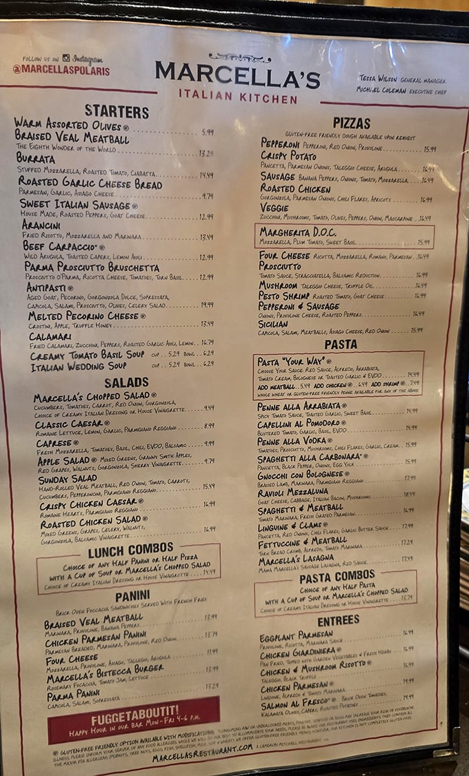 The menu reads like a love letter to Italian cuisine. Just try getting through it without audibly saying "ooh" at least twice.