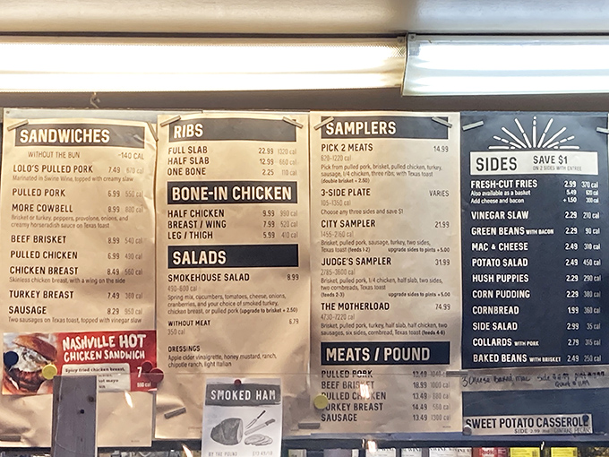 The menu board&mdash;a roadmap to happiness. Each item represents hours of smoking dedication and generations of barbecue wisdom.