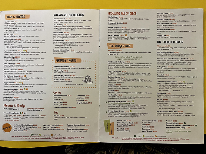 The menu reads like a greatest hits album of comfort food, with breakfast headlining 24/7.