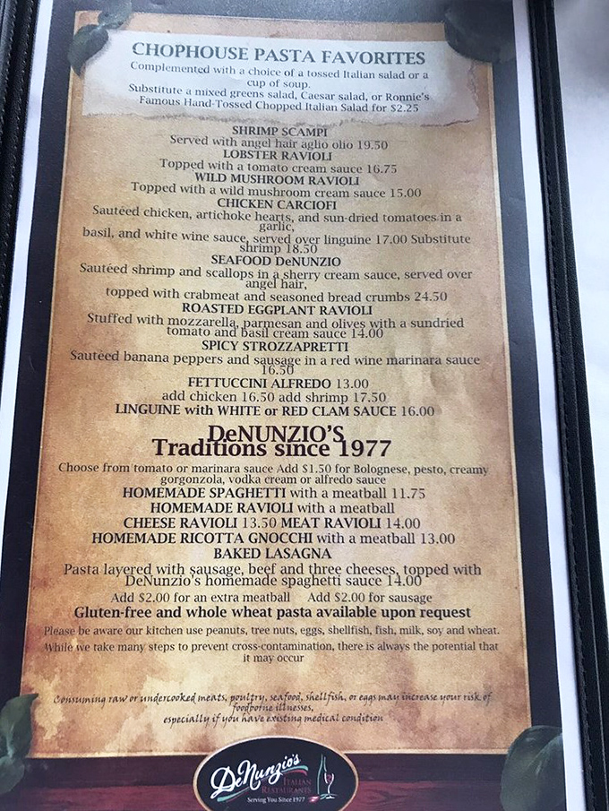 This menu isn't just a list of dishes—it's a family history book written in marinara sauce and parmesan, with traditions dating back to 1977.