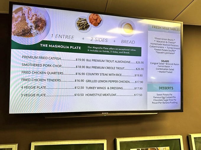 The menu board showcases Southern classics from fried catfish to country steak, presenting life's most important decisions in bright, clear lettering.