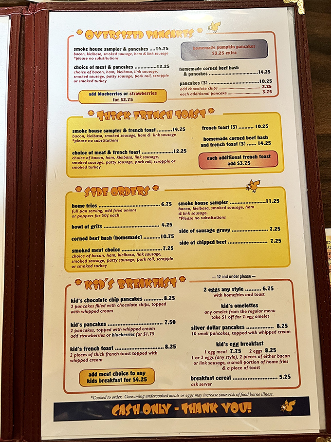 This isn't just a menu &ndash; it's a roadmap to happiness. "Oversized Pancakes" isn't marketing speak; it's a delicious warning your belt might need loosening.