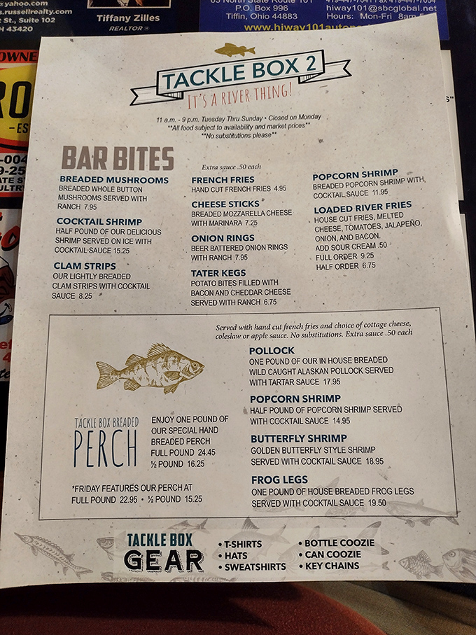 The menu reads like a love letter to freshwater delicacies. Those Loaded River Fries are calling my name louder than a foghorn on Lake Erie.