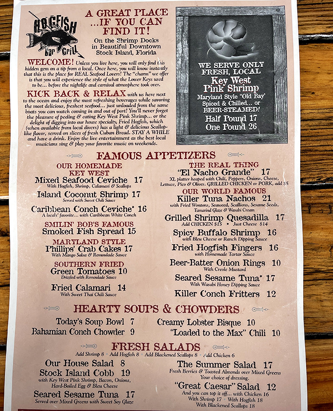 This menu isn't just a list of dishes&mdash;it's a treasure map where X marks the spot for "Killer" hogfish sandwiches and conch fritters.