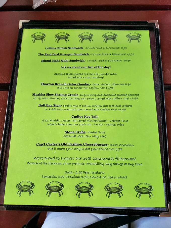 This menu reads like a love letter to Florida waters. Each item represents a different chapter in the state's rich coastal story.