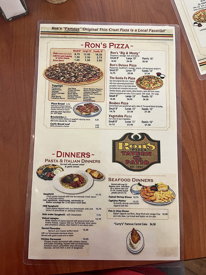 The menu at Ron's reads like a love letter to comfort food classics, with their "Famous" Original Thin Crust Pizza rightfully claiming the spotlight.