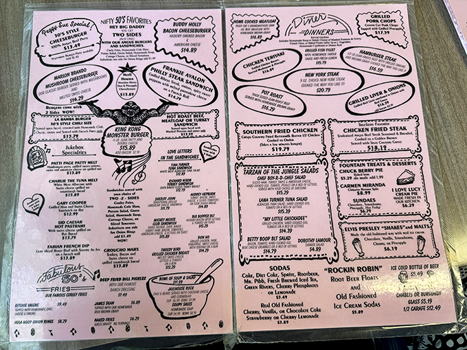 This pink menu isn't just a list of food&mdash;it's a roadmap to happiness with destinations like "Buddy Holly Bacon Cheeseburger" and "Frankie Avalon French Dip."