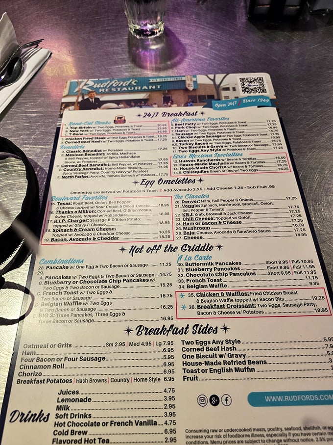 This menu isn't just laminated&mdash;it's a treasure map to breakfast nirvana. The 24/7 breakfast section alone deserves its own zip code.