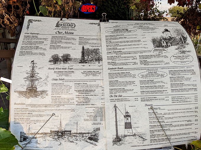 A menu that reads like a love letter to seafood, with illustrations that remind you exactly where your dinner came from.