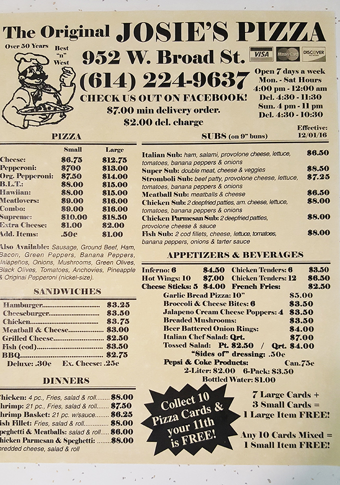 This menu isn't just a list of options&mdash;it's a historical document of Columbus comfort food that's stood the test of time.