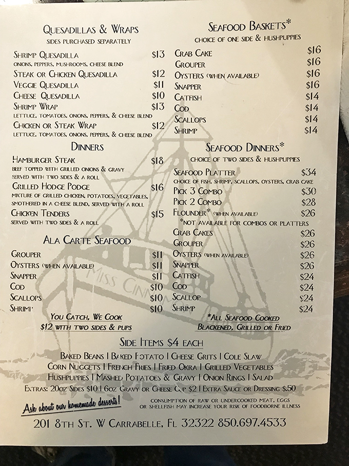 A menu that gets straight to the point: fresh seafood prepared your way, with sides that complement rather than compete. The "You Catch, We Cook" option speaks volumes.