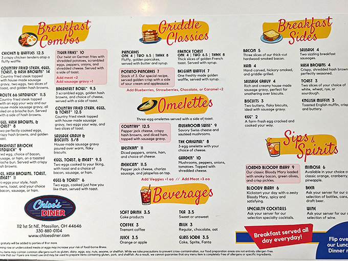The breakfast menu reads like a love letter to American comfort food written in delicious detail.