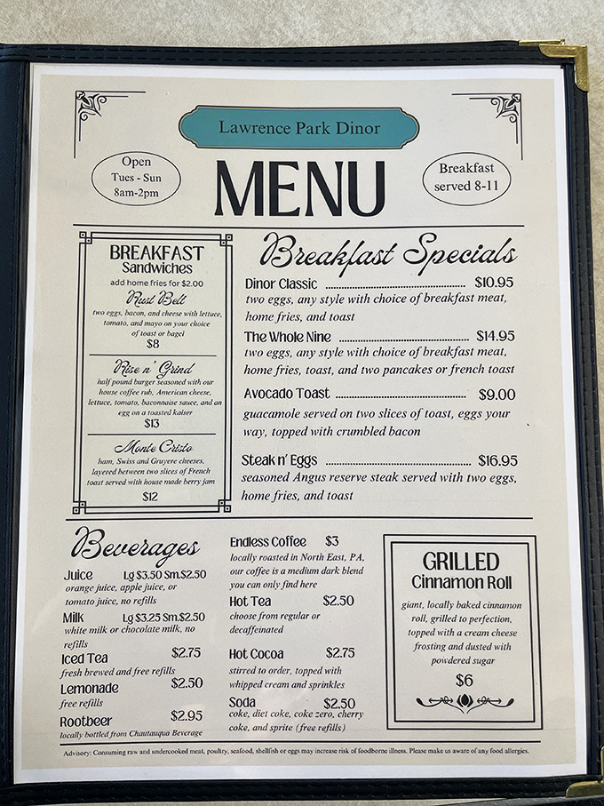 A menu that doesn't need smartphone-sized fonts or QR codes&mdash;just straightforward comfort food that's been perfecting mornings since Truman was president.