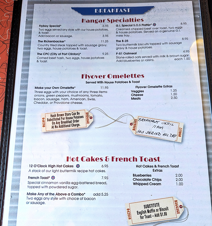 Aviation-themed menu names make ordering feel like planning your next great breakfast adventure across Ohio.