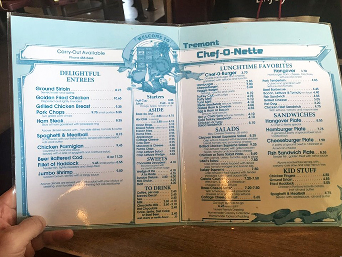 A menu frozen in time, offering comfort classics at prices that won't induce sticker shock. The "Hangover" sandwich speaks to generations of recovery needs.