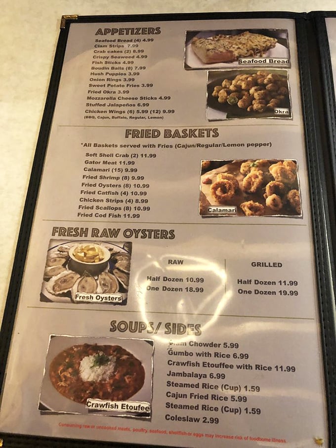 This menu reads like a love letter to the Gulf Coast, written by someone who actually knows their crawfish from their crab cakes.