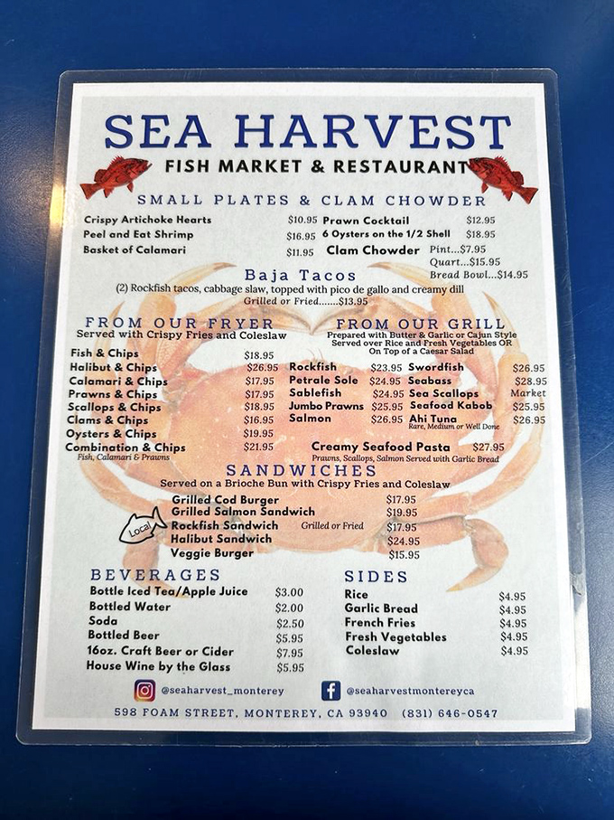 A menu that reads like poetry to seafood lovers. The creamy seafood pasta might be the headliner, but there are no bad choices in this delicious lineup.