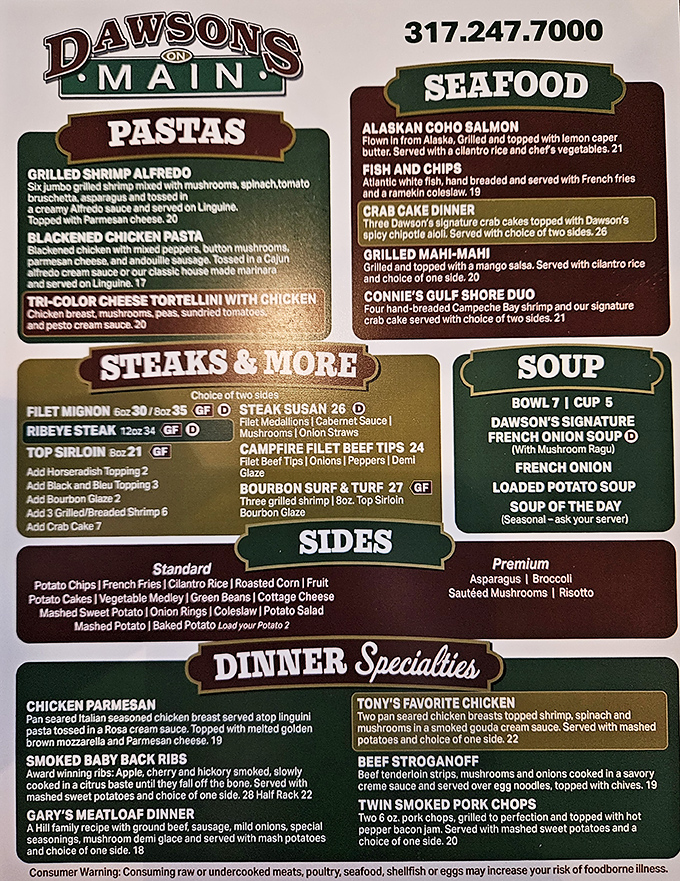 A menu that reads like a love letter to Midwest comfort food, with enough seafood and steak options to make you question everything you thought you knew about Indiana dining.