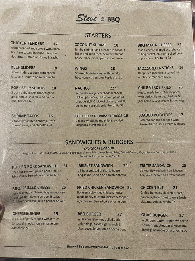 A menu that reads like poetry to meat lovers. Each description promises smoky delights that'll have you planning your next visit before finishing your first meal.