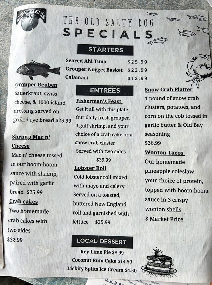 This menu isn't messing around&mdash;from Grouper Reubens to Snow Crab Platters, it's like a greatest hits album of seafood classics with Florida flair.