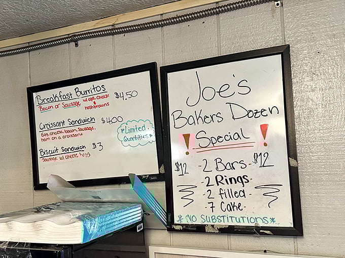 The handwritten menu board at Joe's is like finding an ancient treasure map, except X marks the spot for apple fritters and maple bars instead of gold.