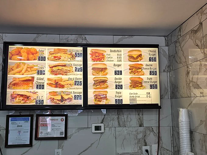 A menu board that hasn't chased trends since Truman was in office. In a world of QR codes and digital displays, this illuminated classic speaks the universal language of sandwich lovers.