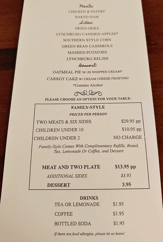 This isn't just a menu—it's a love letter to Southern cuisine. Notice the asterisks marking items with Jack Daniel's? That's Lynchburg hospitality.