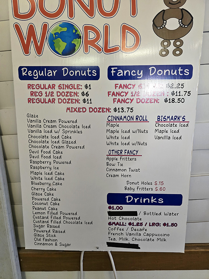 The menu board at Donut World reads like a love letter to fried dough. So many options, so little willpower!