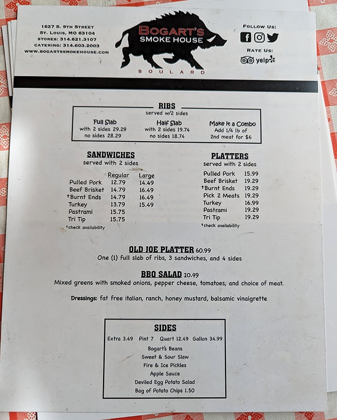 This menu isn't just a list—it's a roadmap to happiness. Notice how "Burnt Ends" has that little asterisk? That's BBQ code for "order me immediately."
