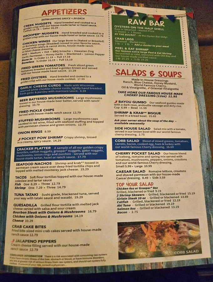 The menu reads like a love letter to seafood lovers &ndash; gator nuggets, grouper, and those legendary onion rings all vying for your attention.