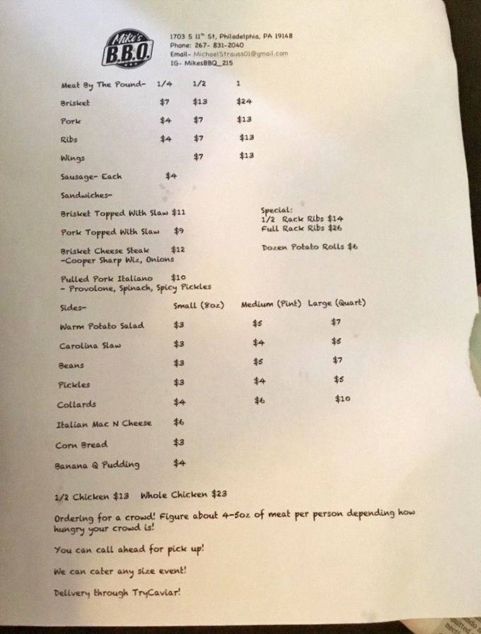 The menu reads like a love letter to smoked meats. Notice how they recommend 4-5oz per person? That's adorable optimism.