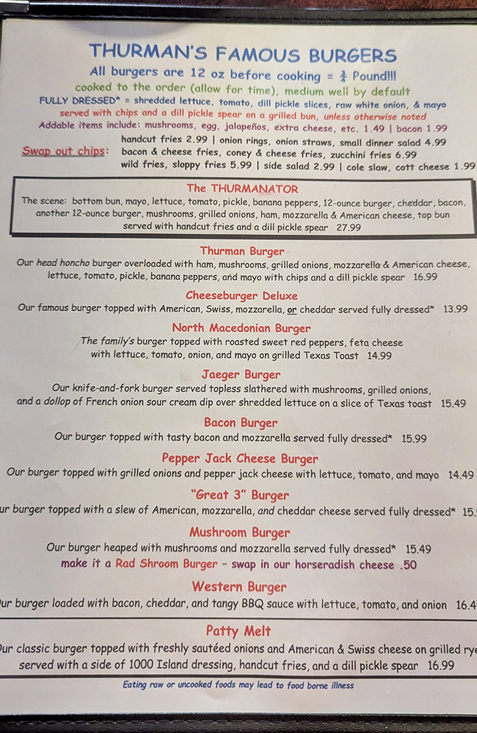 The menu reads like a cardiologist's nightmare and a food lover's dream. Notice how they casually mention "12 oz before cooking = 3/4 pound!!!" as if daring your stomach.