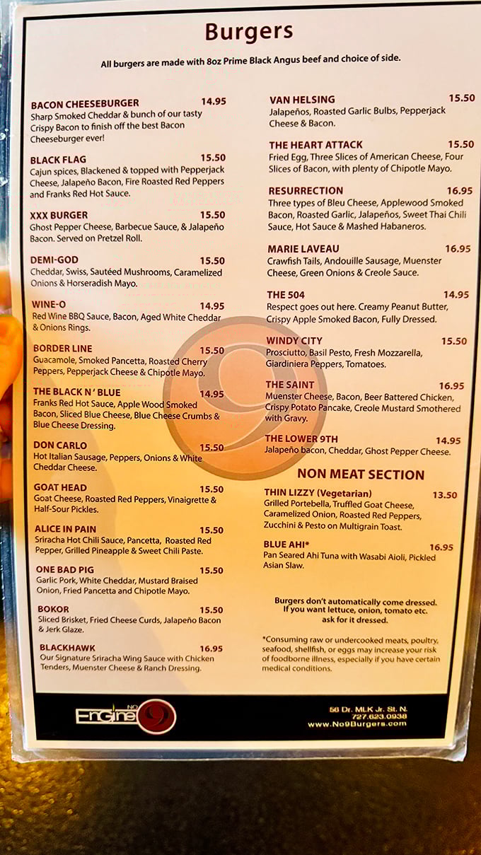 This menu reads like a love letter to burger creativity. Each option sounds more outrageous than the last, yet somehow they all work magnificently.