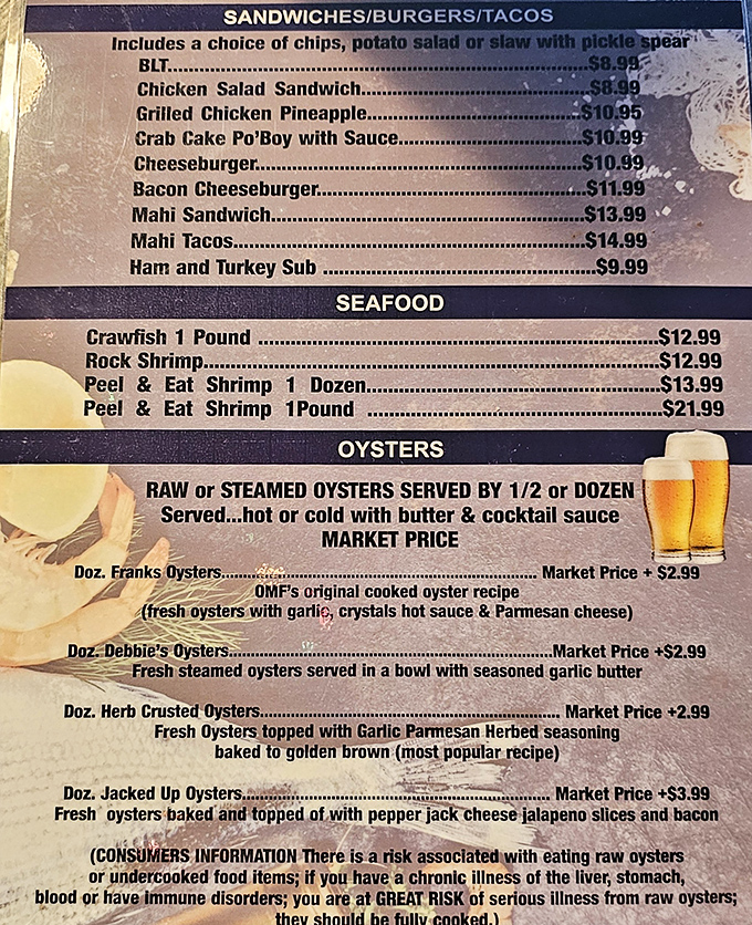 This menu isn't trying to impress you with fancy descriptions&mdash;it's letting the seafood speak for itself, like any good Floridian establishment should. 