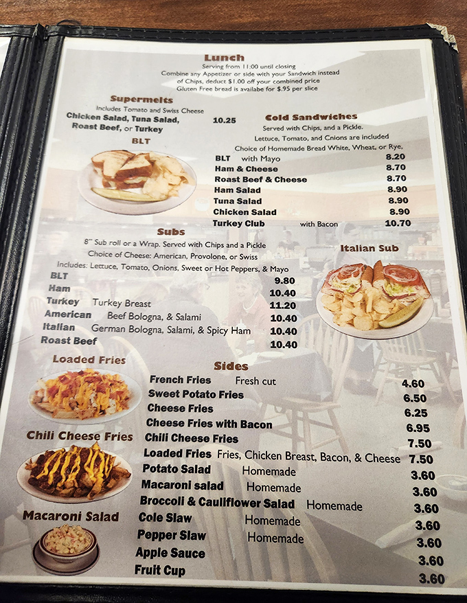 This menu isn't just a list of options&mdash;it's a roadmap to happiness with destinations like "Loaded Fries" and "Homemade Apple Sauce."