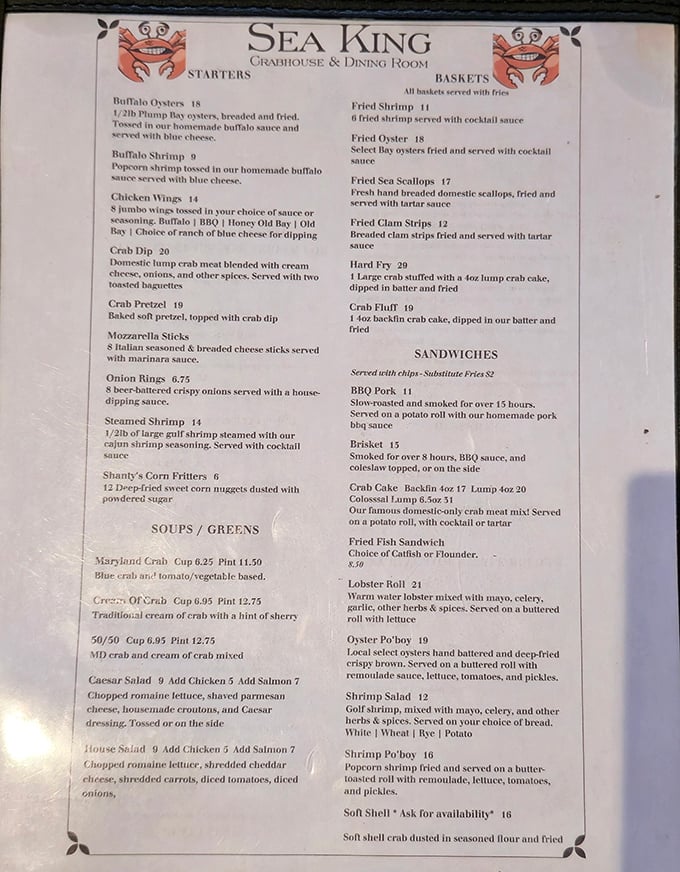 This menu isn't just a list&mdash;it's a treasure map where X marks the spot for Maryland's finest seafood bounty.