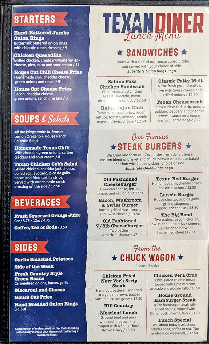 A menu that reads like a love letter to Texas comfort food, with each section promising its own delicious adventure.