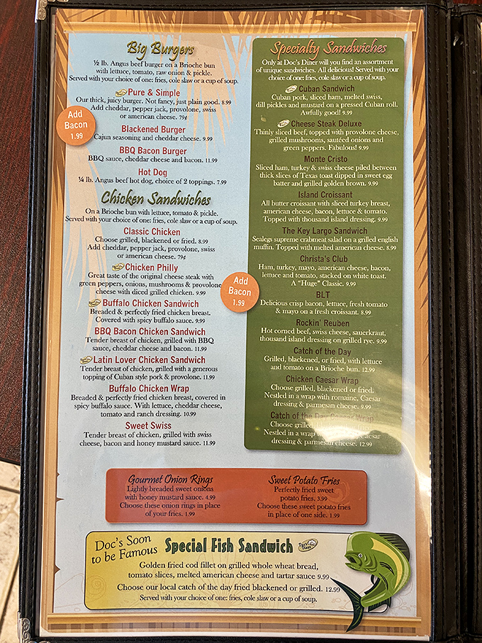 This menu reads like a love letter to breakfast, featuring everything from Cuban sandwiches to chocolate chip pancakes.