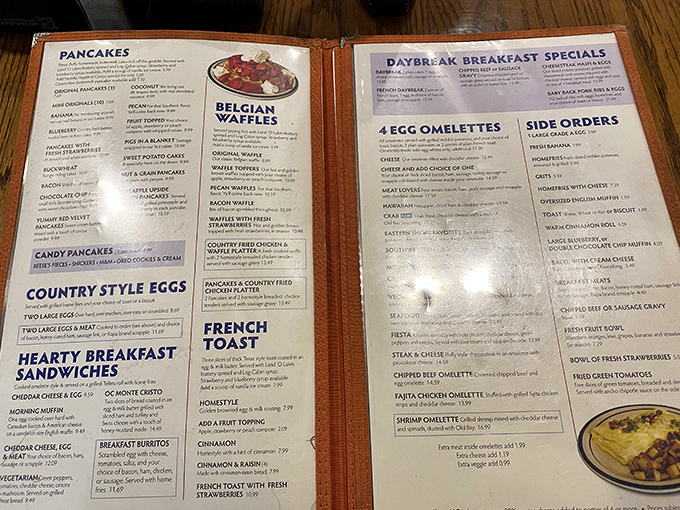 This menu isn't just a list&mdash;it's a roadmap to breakfast nirvana with detours through waffle country.