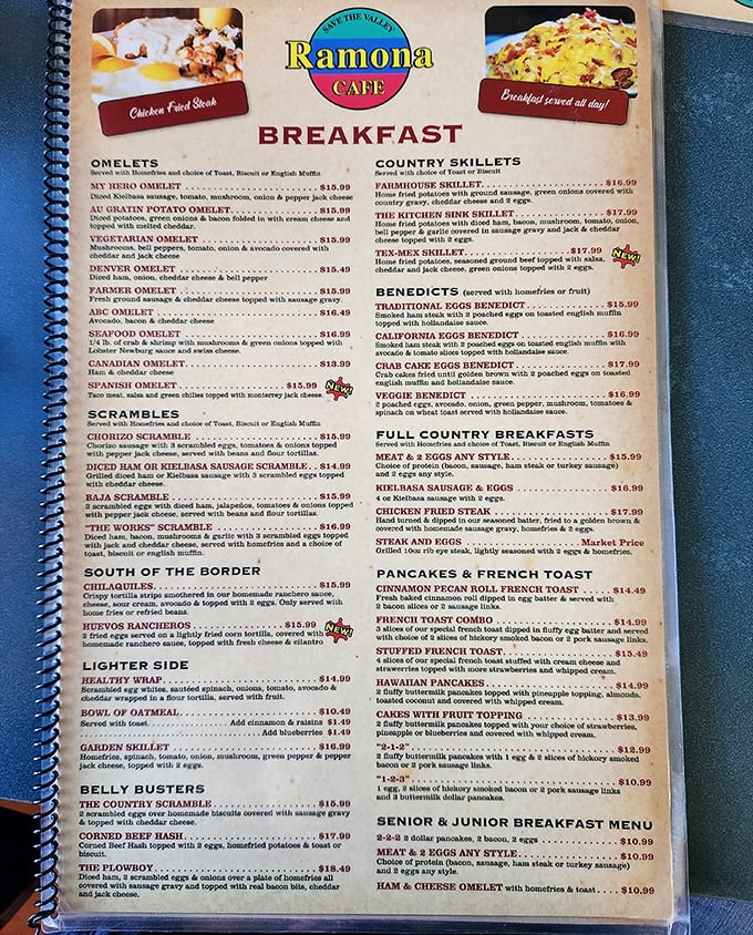 A menu that requires both strategy and stamina. From "Belly Busters" to "South of the Border," this breakfast battlefield demands multiple visits.