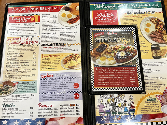 This menu isn't just reading material—it's a roadmap to happiness. The "Wood-Smoked Steak & Eggs" section practically has a spotlight on it.