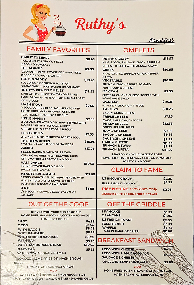 A menu that reads like comfort food poetry. The "Give It To Mikey" and "Little Hammy" aren't just breakfast options—they're invitations to join the Ruthy's family.