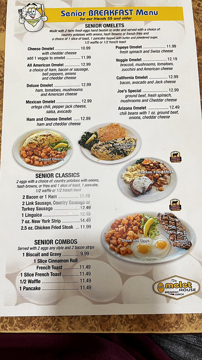 The senior menu reads like a love letter to breakfast classics. Each description promises a plate that would make your cardiologist wince and your taste buds sing.