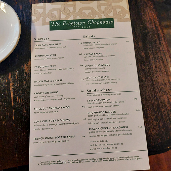 A menu that reads like a love letter to carnivores, with each description promising the kind of meal that creates lasting memories and return visits.