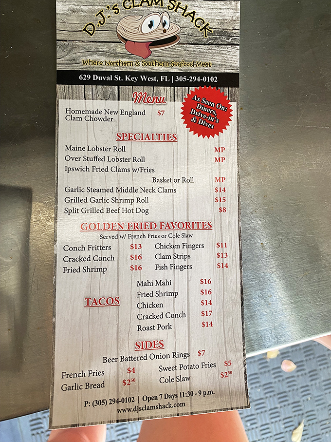 A menu that reads like poetry to seafood lovers. The "As Seen On" badge is the culinary equivalent of a Grammy.