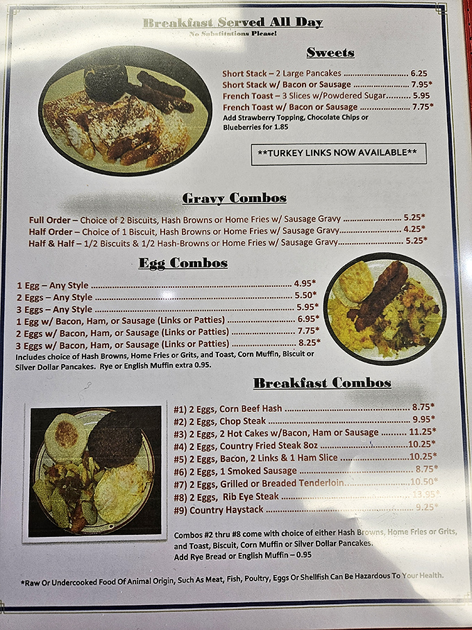 The menu reads like a love letter to breakfast traditionalists. "No Substitutions Please" isn't rudeness&mdash;it's confidence in perfection.